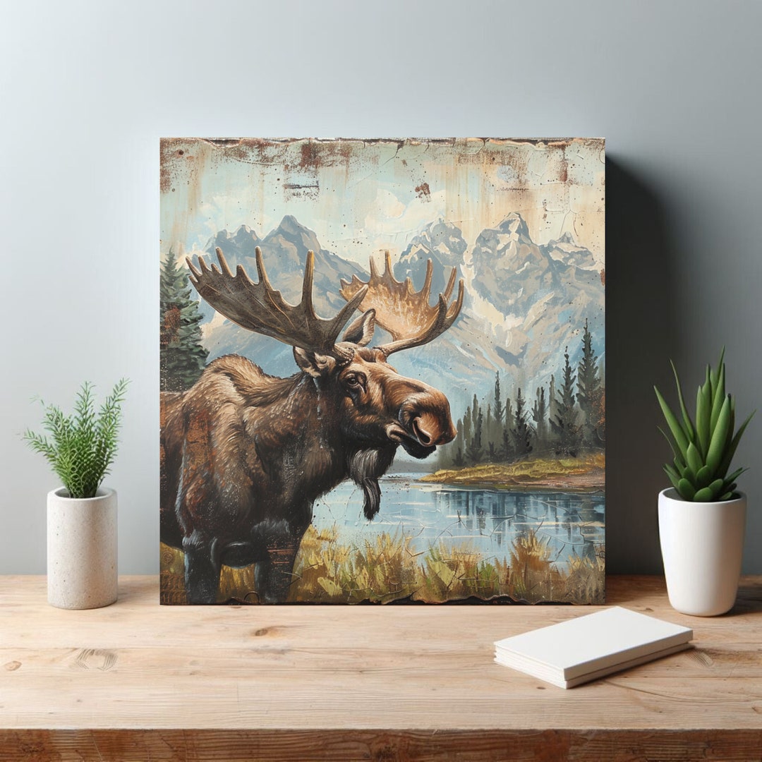 Vintage Moose in the Woods Canvas Wall Art, Moose Print, Hunting Decor ...