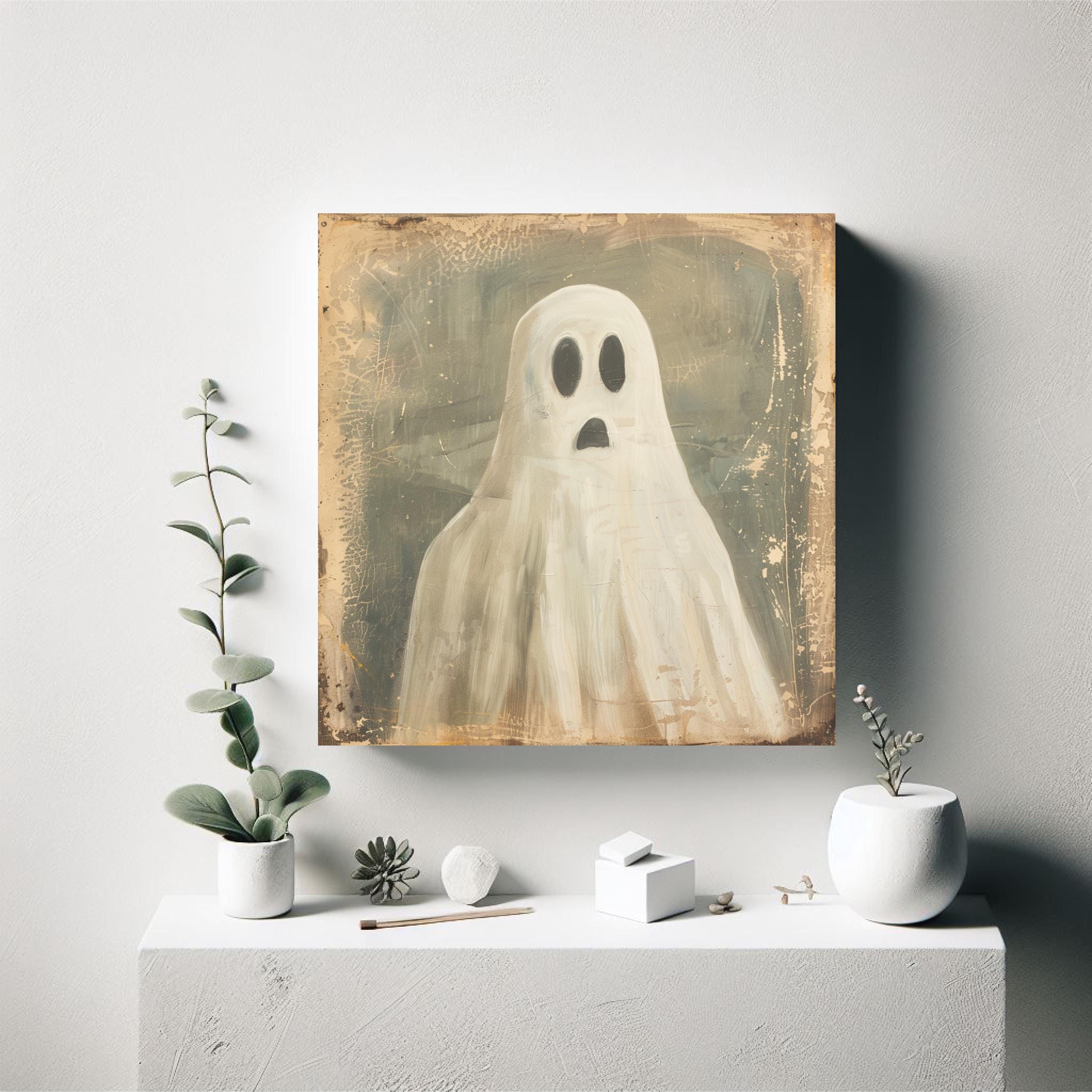Vintage Halloween Ghost Canvas Wall Print, Halloween Print, Spooky ...