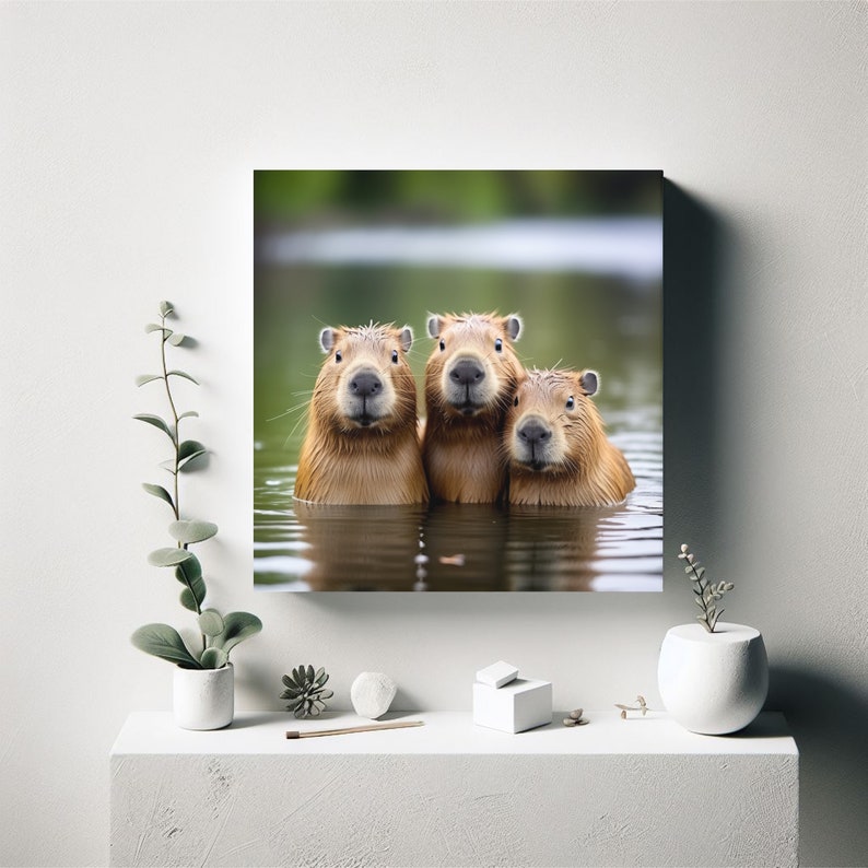 Three Capybaras in Pond Canvas Wall Art, Capybara Print Art, Gifts for ...