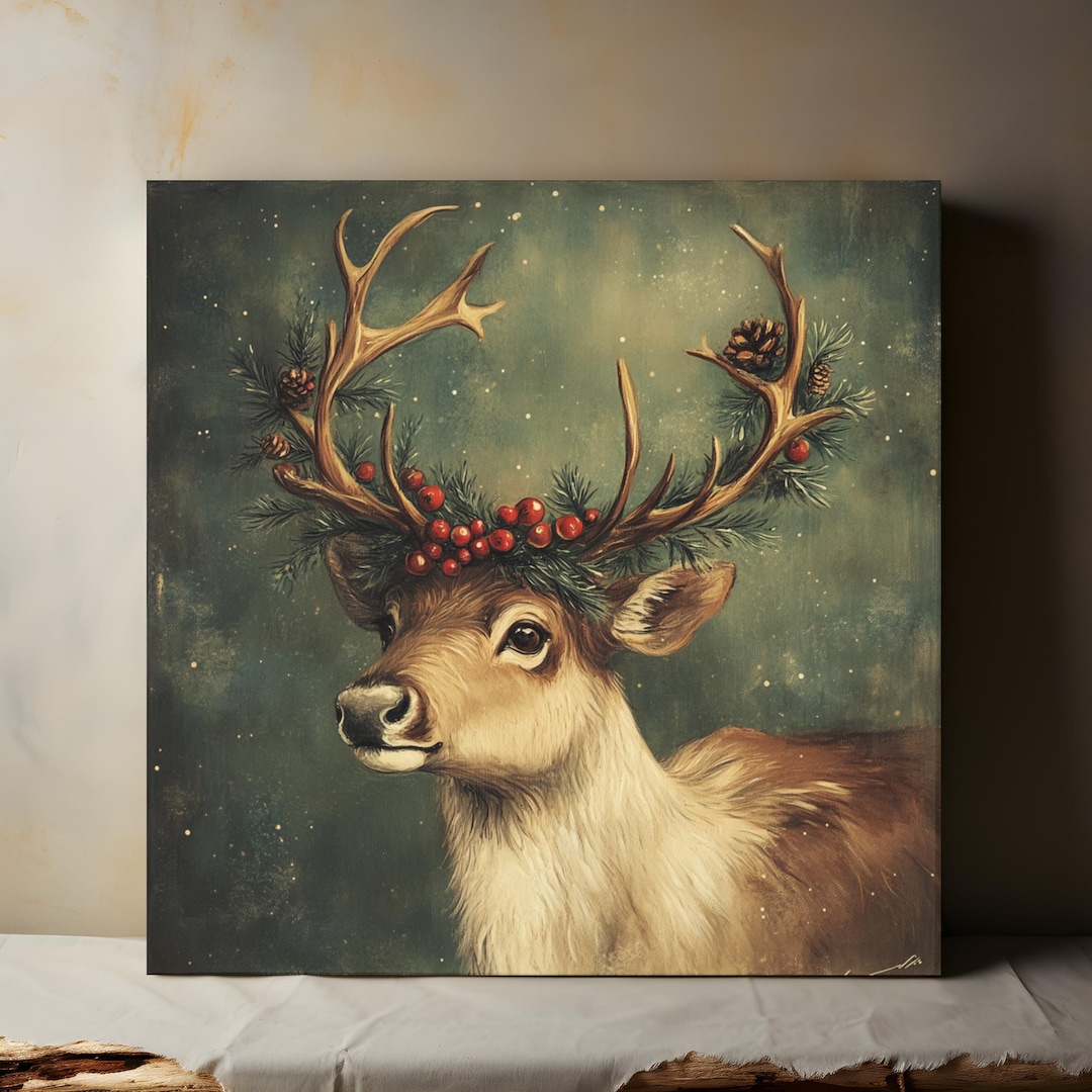 Vintage Reindeer Canvas Wall Art, Christmas Wall Decor, Xmas, Vibrant ...
