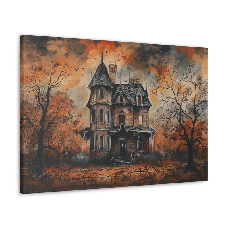 Vintage Haunted House Canvas Wall Print, Halloween Print, Spooky Decor ...