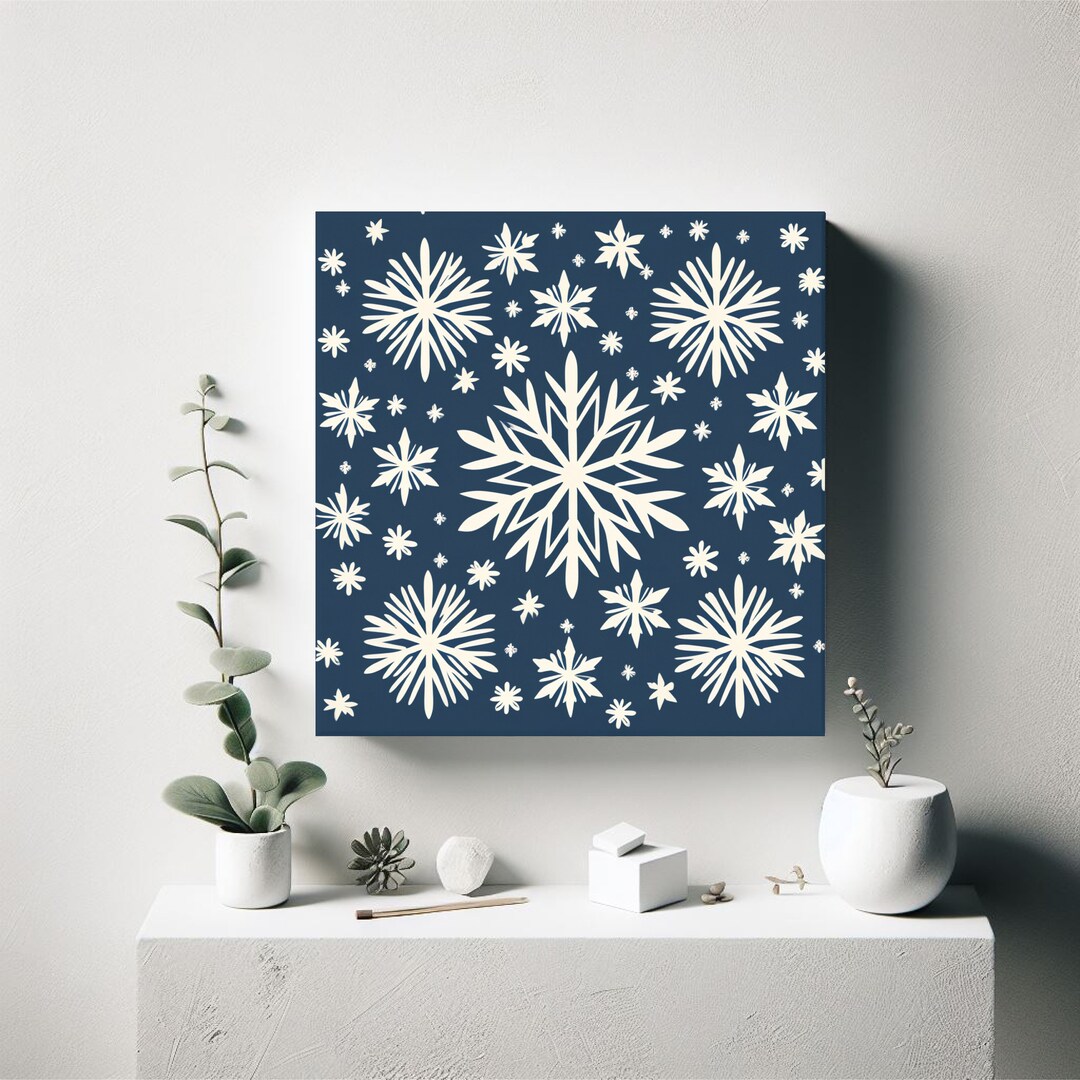 Big White Snowflake Pattern Canvas Wall Art, Snowy Print Art, Winter ...