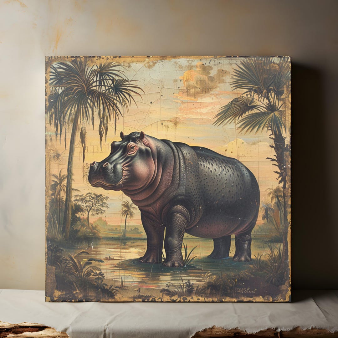Vintage Hippo Canvas Wall Print, Farmhouse Decor, Animal Prints ...