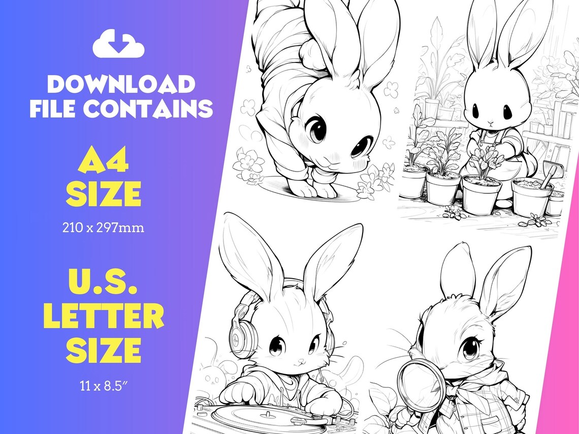 Cute Bunny Coloring Pages for Kids, 31 Page Digital Coloring Book ...