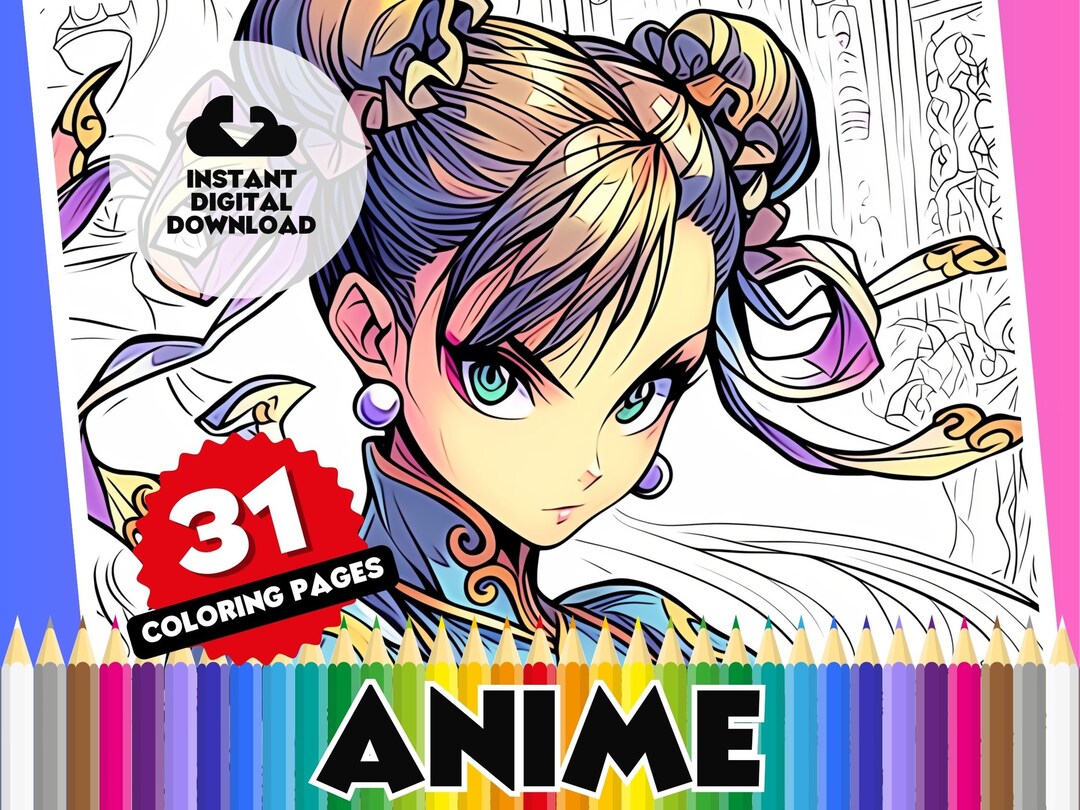 Anime Coloring Page - 31 Page Coloring Book, Printable Pages: Japanese ...