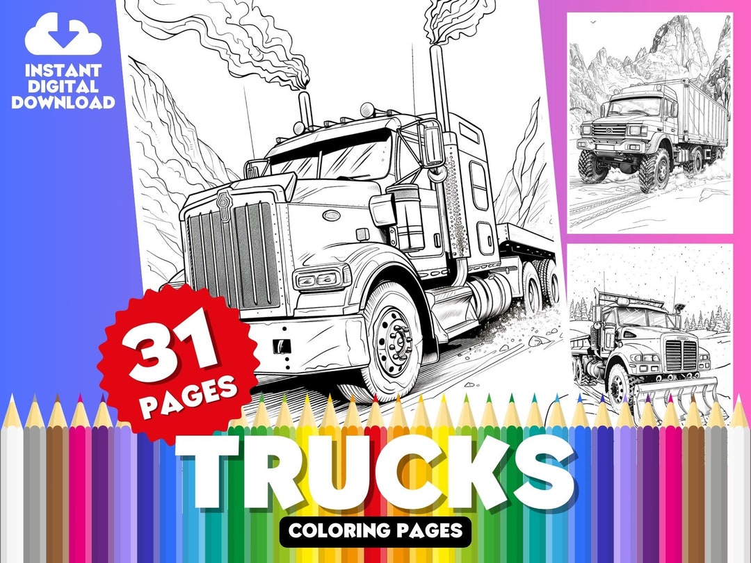 Trucks and Lorry Coloring Book Pages 31 Page Digital Colouring Book ...