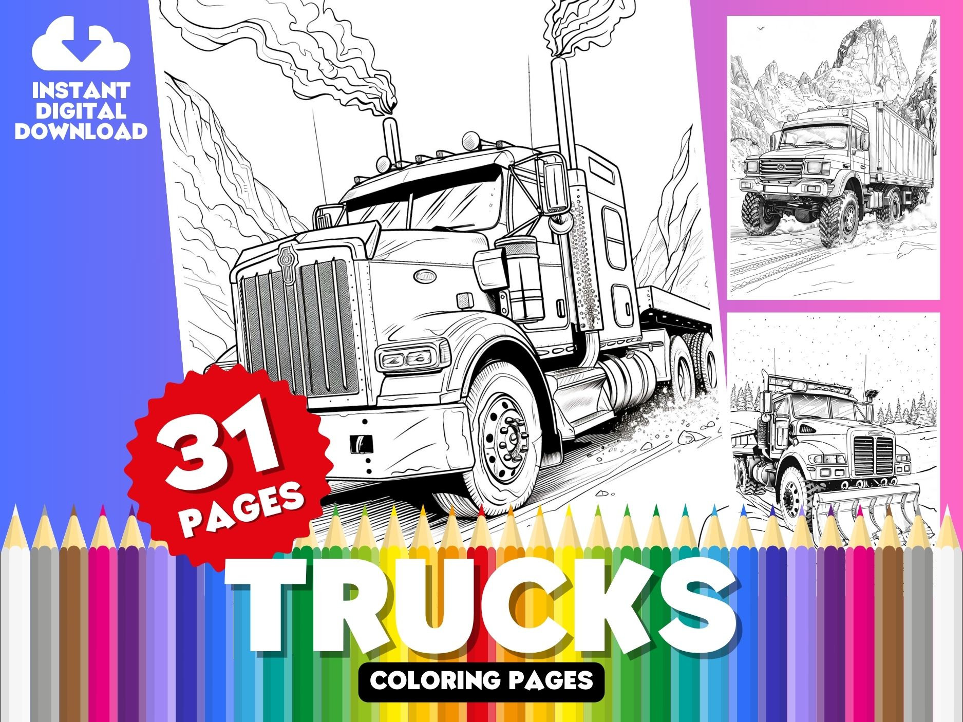 Trucks and Lorry Coloring Book Pages 31 Page Digital Colouring Book ...