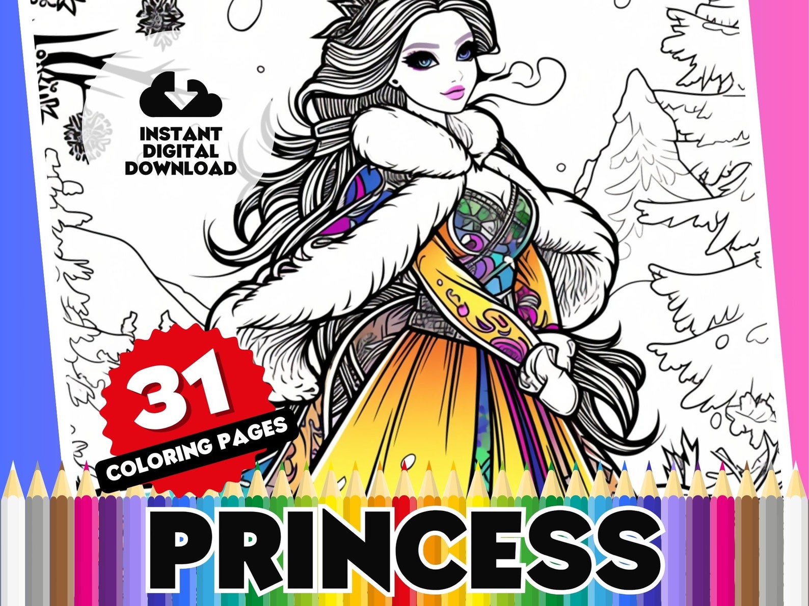 Princess Coloring Book, 31 Page Printable PDF, Themed Digital Colouring ...