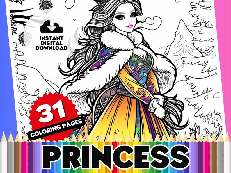 Princess Coloring Book, 31 Page Printable PDF, Themed Digital Colouring ...