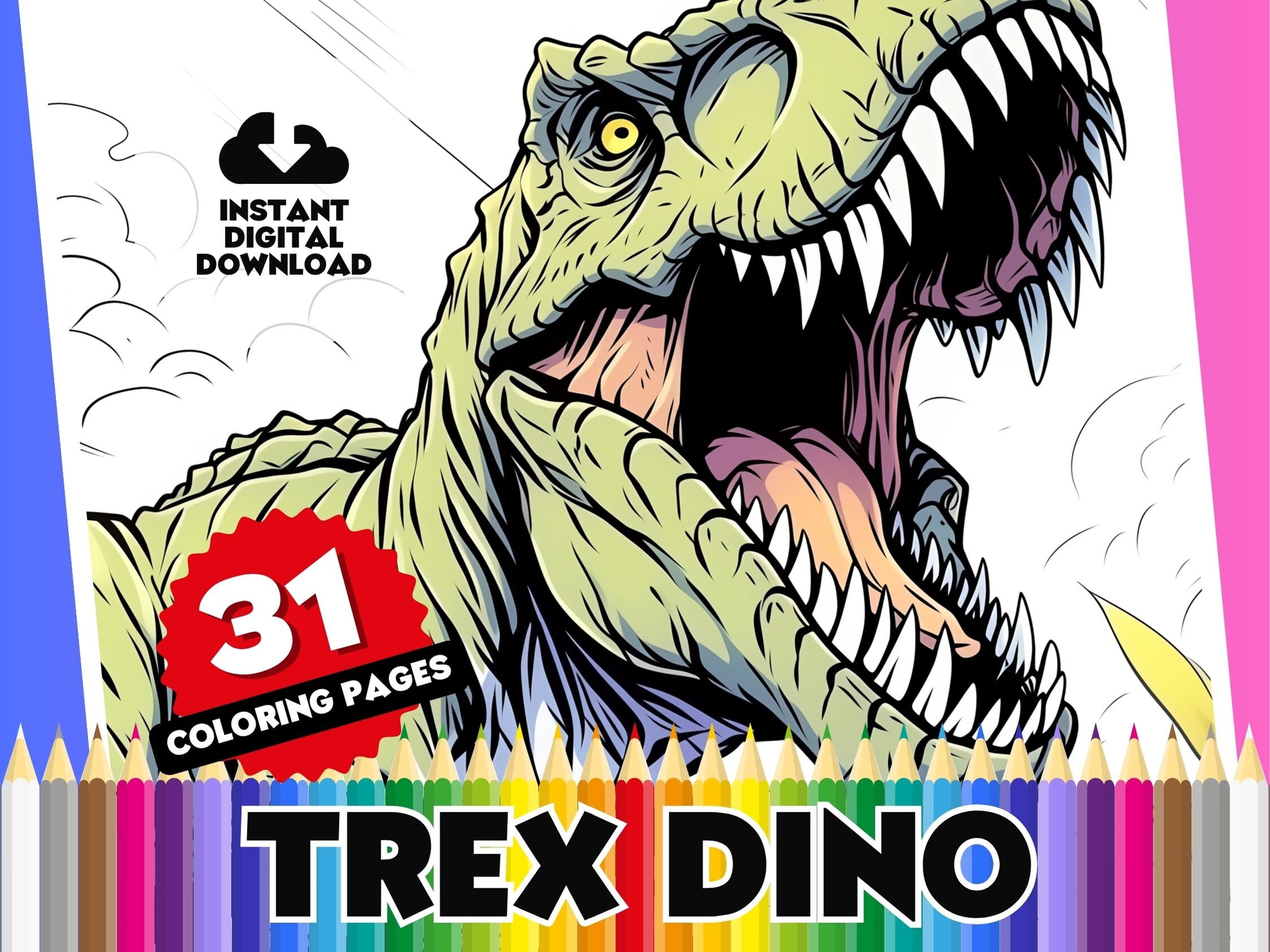T-rex Coloring Pages - 31 Page Digital Coloring Book for Dinosaur Fans ...