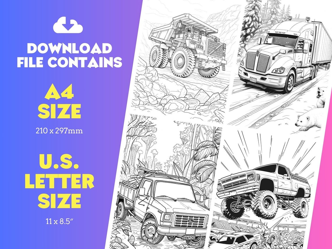 Trucks & Lorries Coloring Book: 31 Printable Pages (digital Download ...