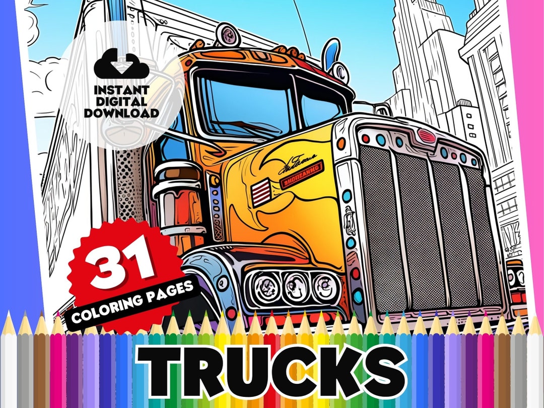 Trucks & Lorries Coloring Book: 31 Printable Pages (digital Download ...