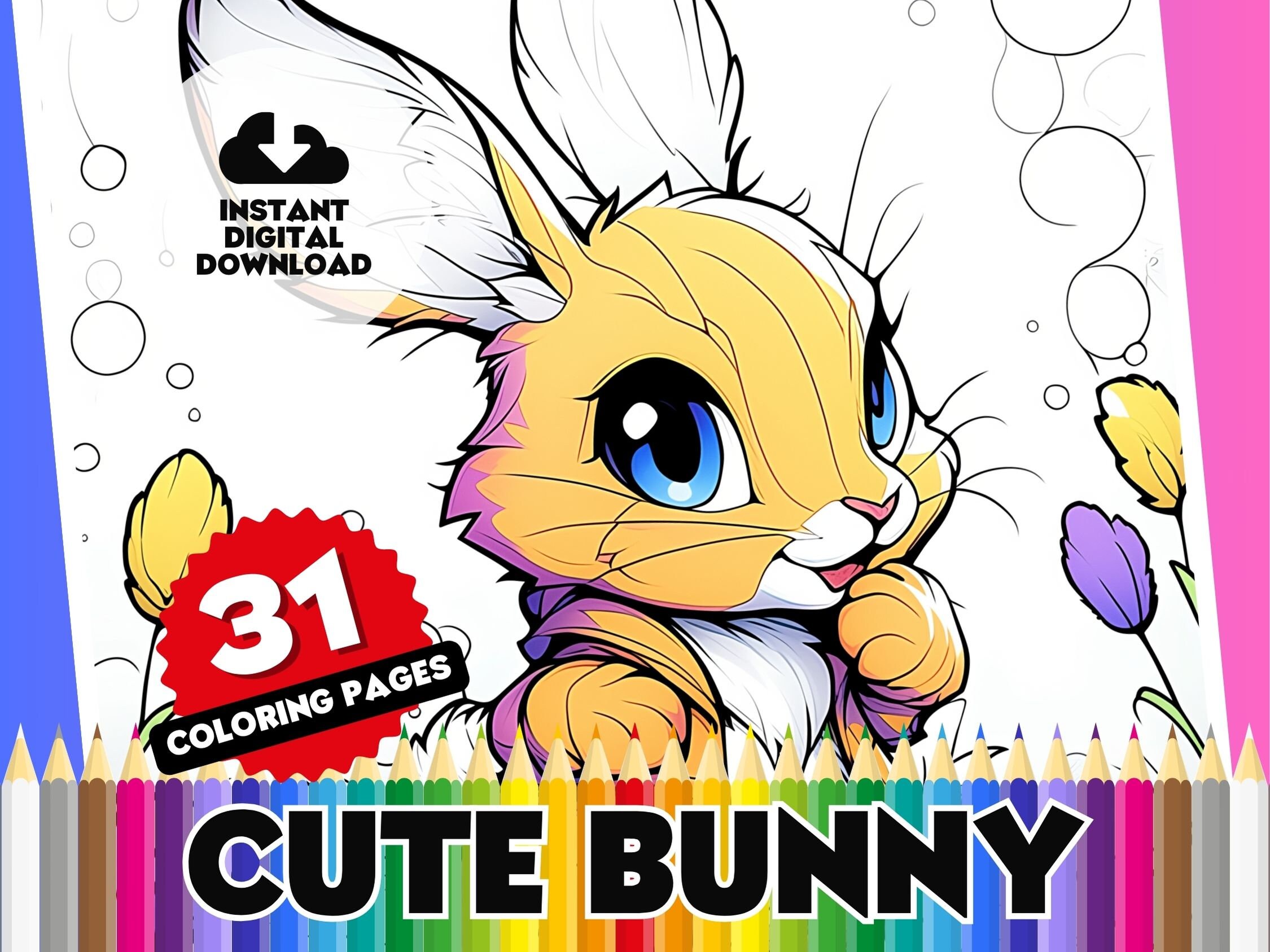 Cute Bunny Coloring Pages for Kids, 31 Page Digital Coloring Book ...