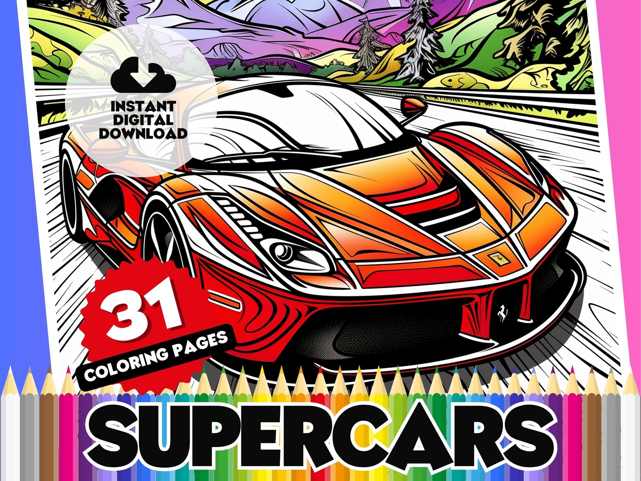 Supercars Coloring Book Pages - 31 Page Digital Colouring Book ...