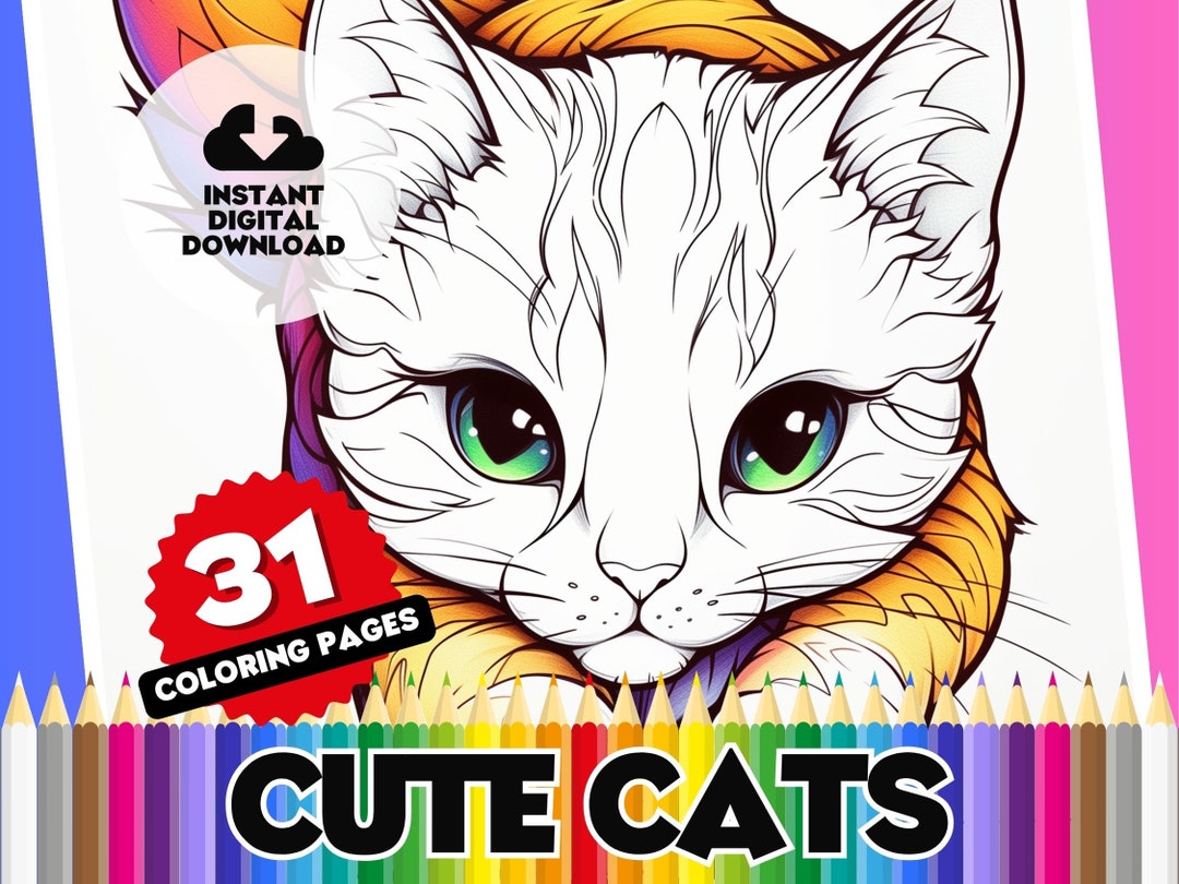 Cute Cat Coloring Pages for Kids, 31 Page Digital Coloring Book ...