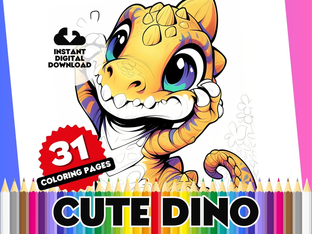 Cute Dinosaur Coloring Pages for Kids, 31 Page Digital Coloring Book ...