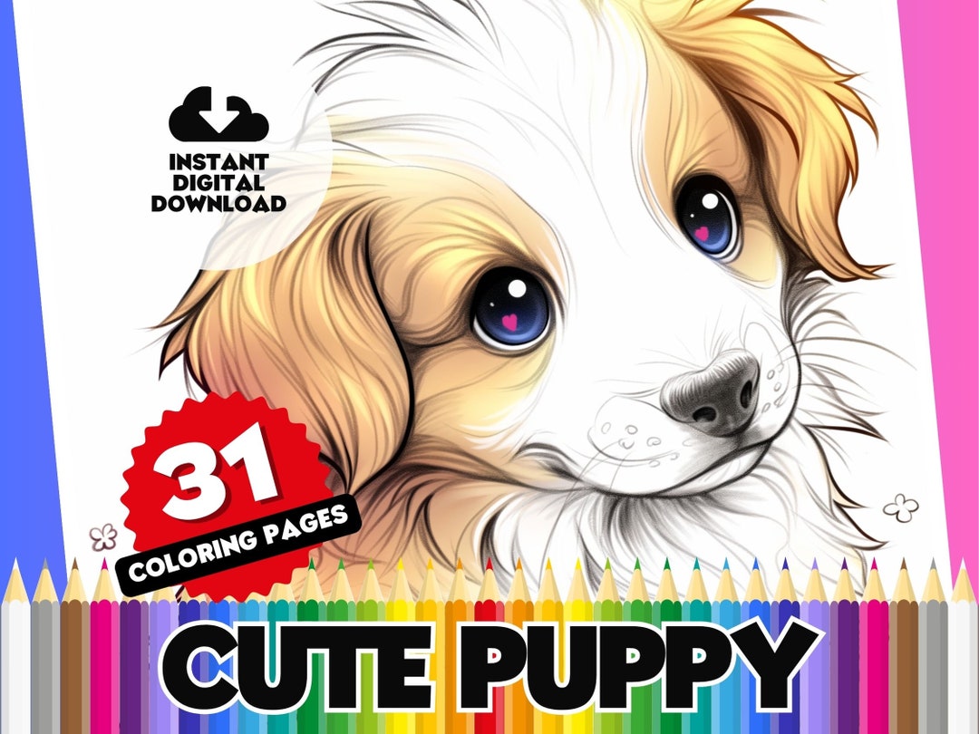 Cute Puppy Coloring Pages for Kids, 31 Page Digital Coloring Book ...