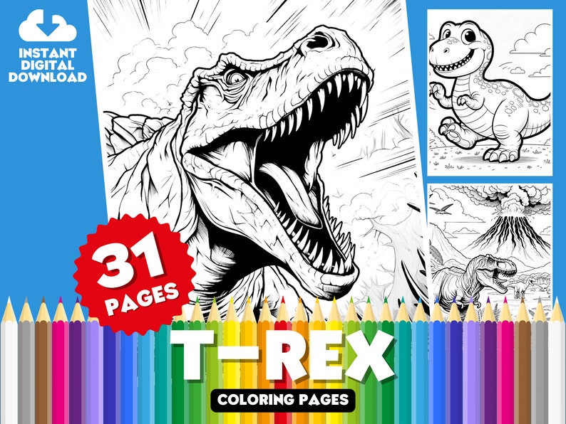 T-rex Coloring Pages 31 Page Digital Coloring Pack for Dinosaur ...