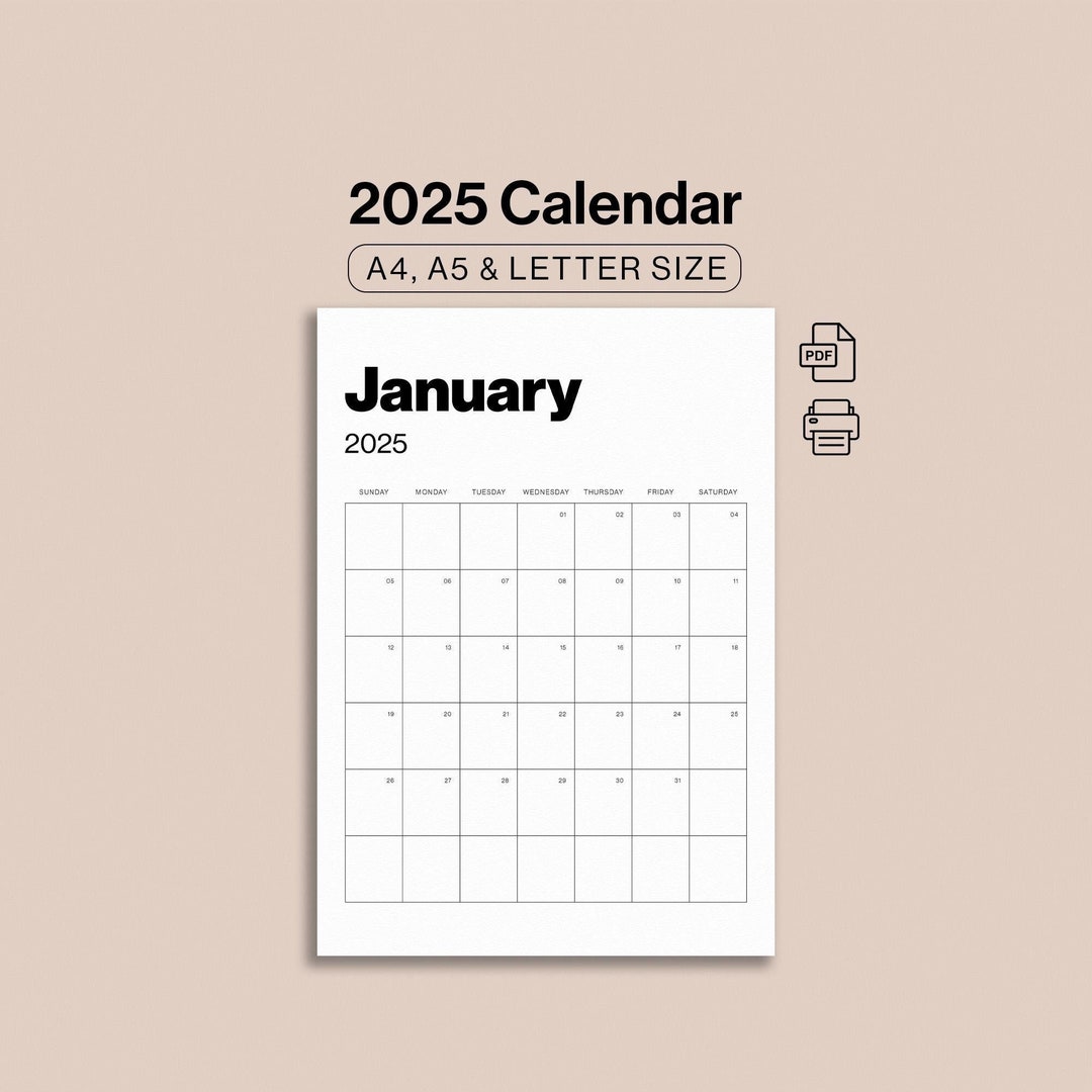 Modern Minimalist Printable 2025 Calendar A5, A4 & Letter Sizes Instant ...
