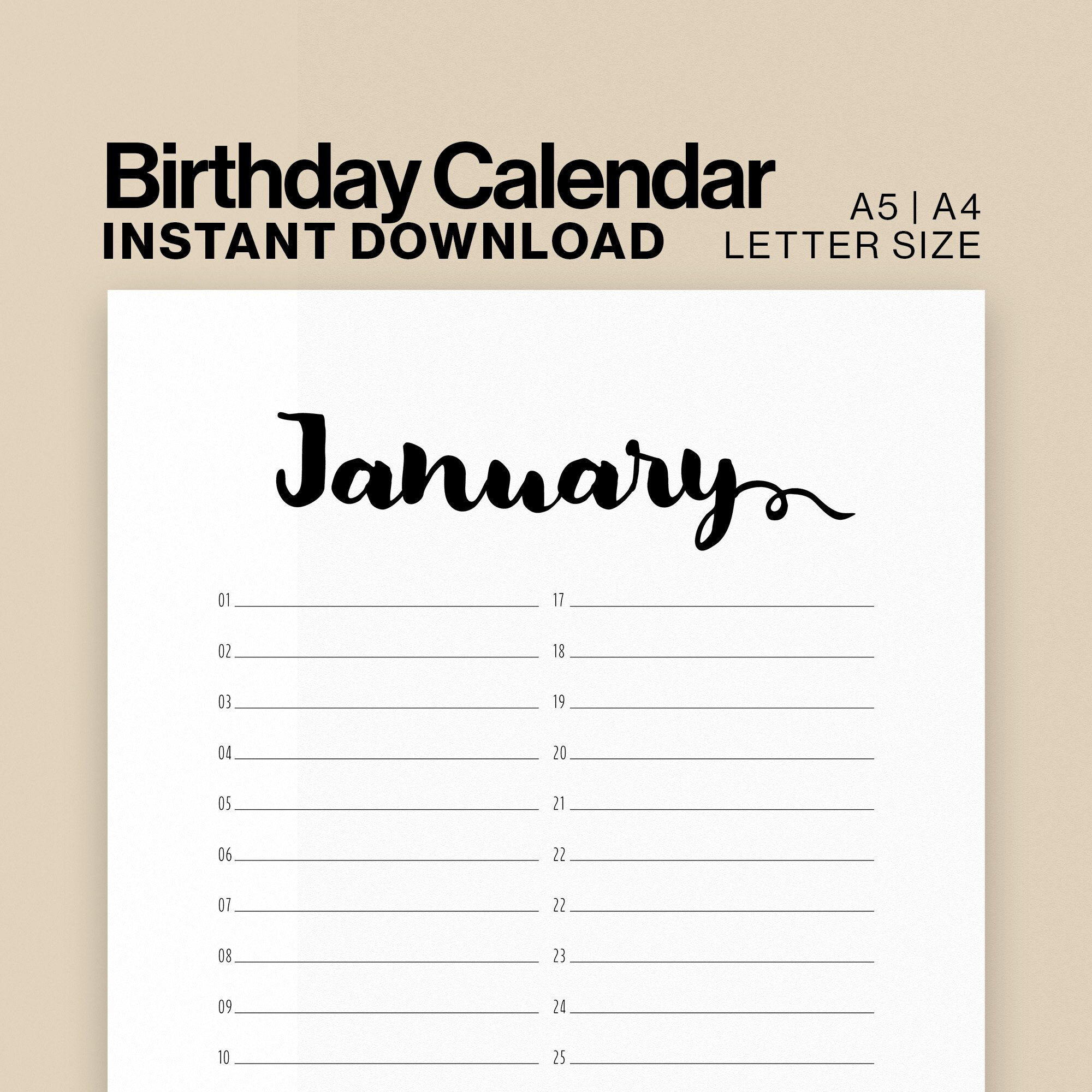 Printable Birthday Calendar List, Birthday Tracker, Birthday List ...