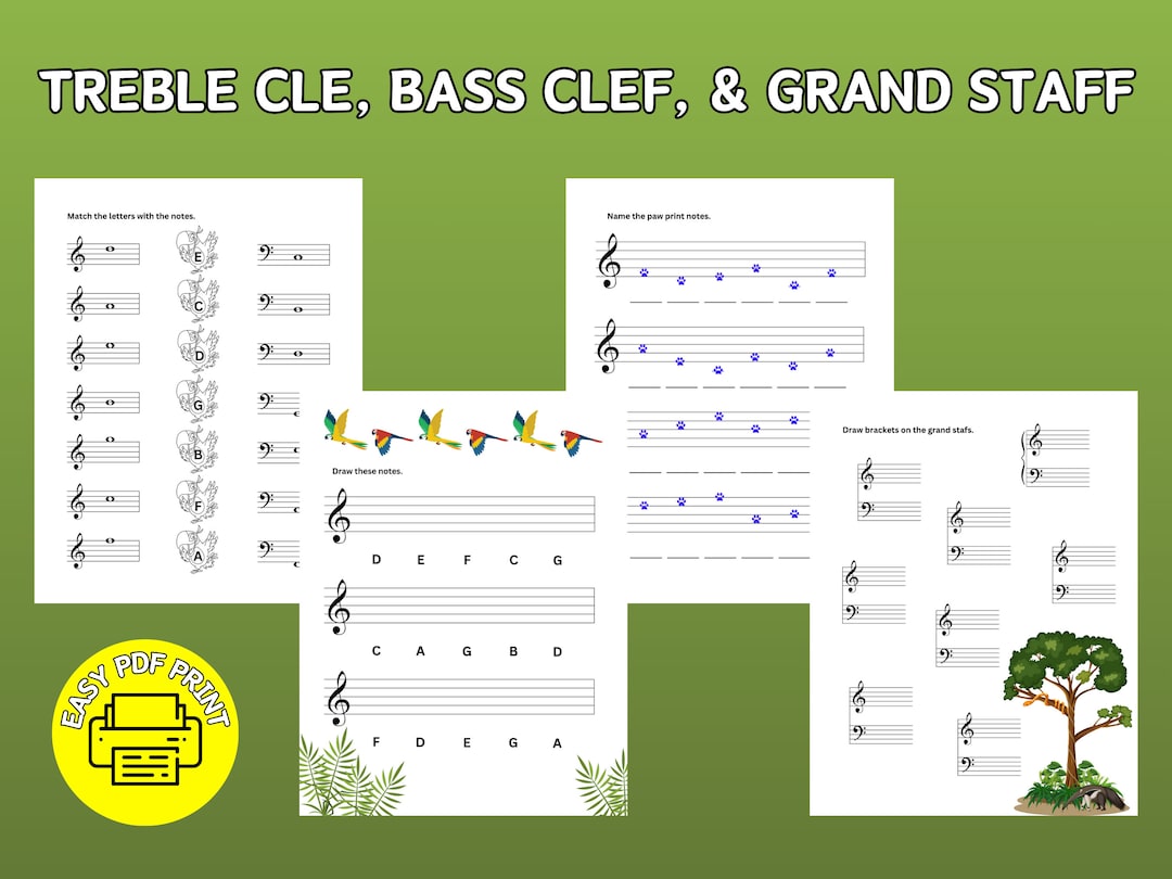 Treble Clef, Bass Clef, & Grand Staff - PDF Printable - Music Theory ...