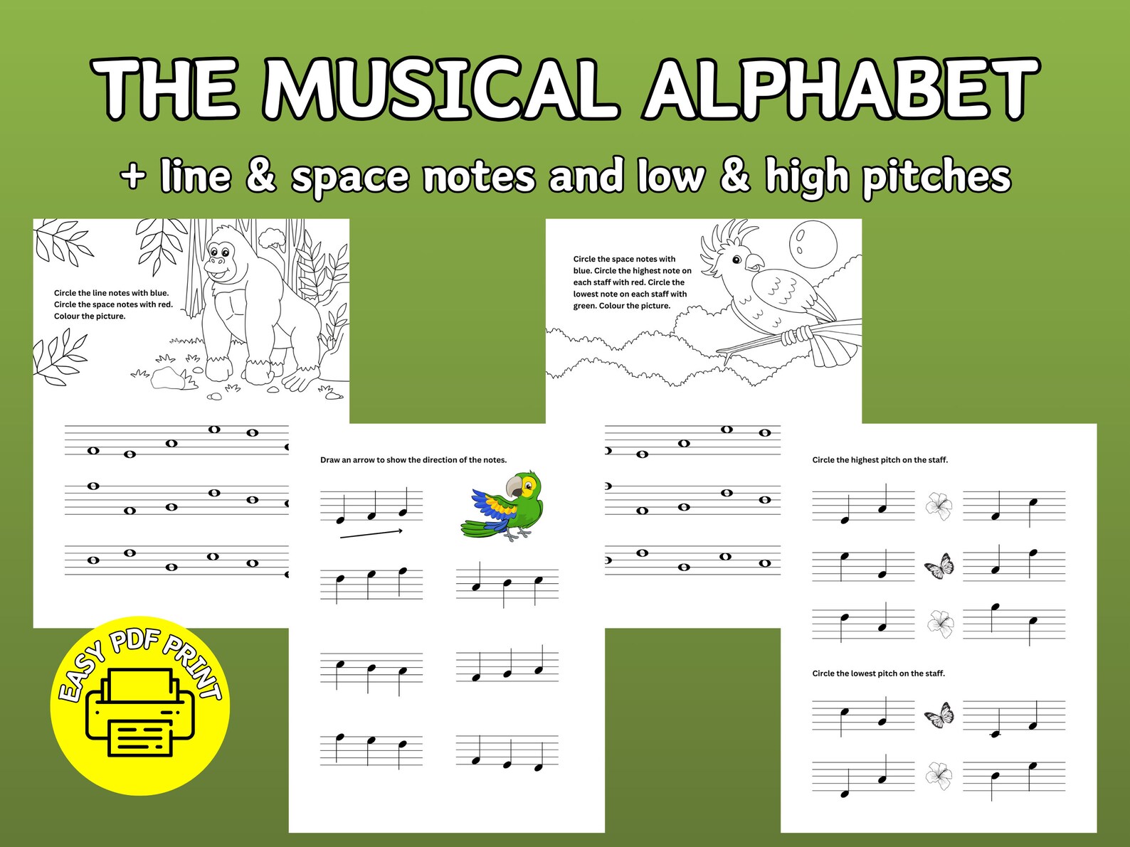 Musical Alphabet, Line/space Notes, High/low Pitches - PDF Printable ...