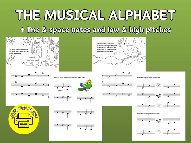 Musical Alphabet, Line/space Notes, High/low Pitches - PDF Printable ...