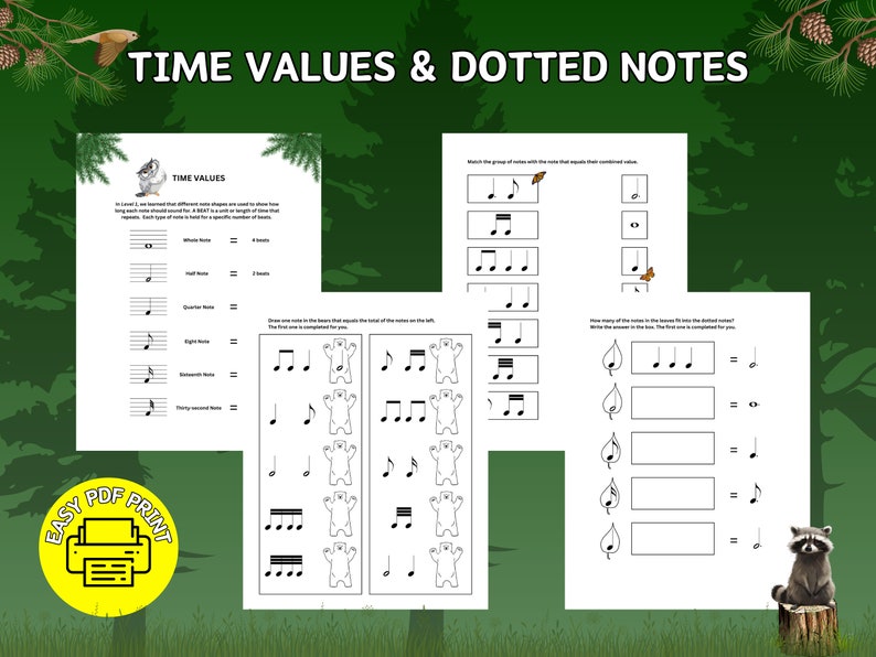 Time Values and Dotted Notes - PDF Printable - Music Theory Sheet ...