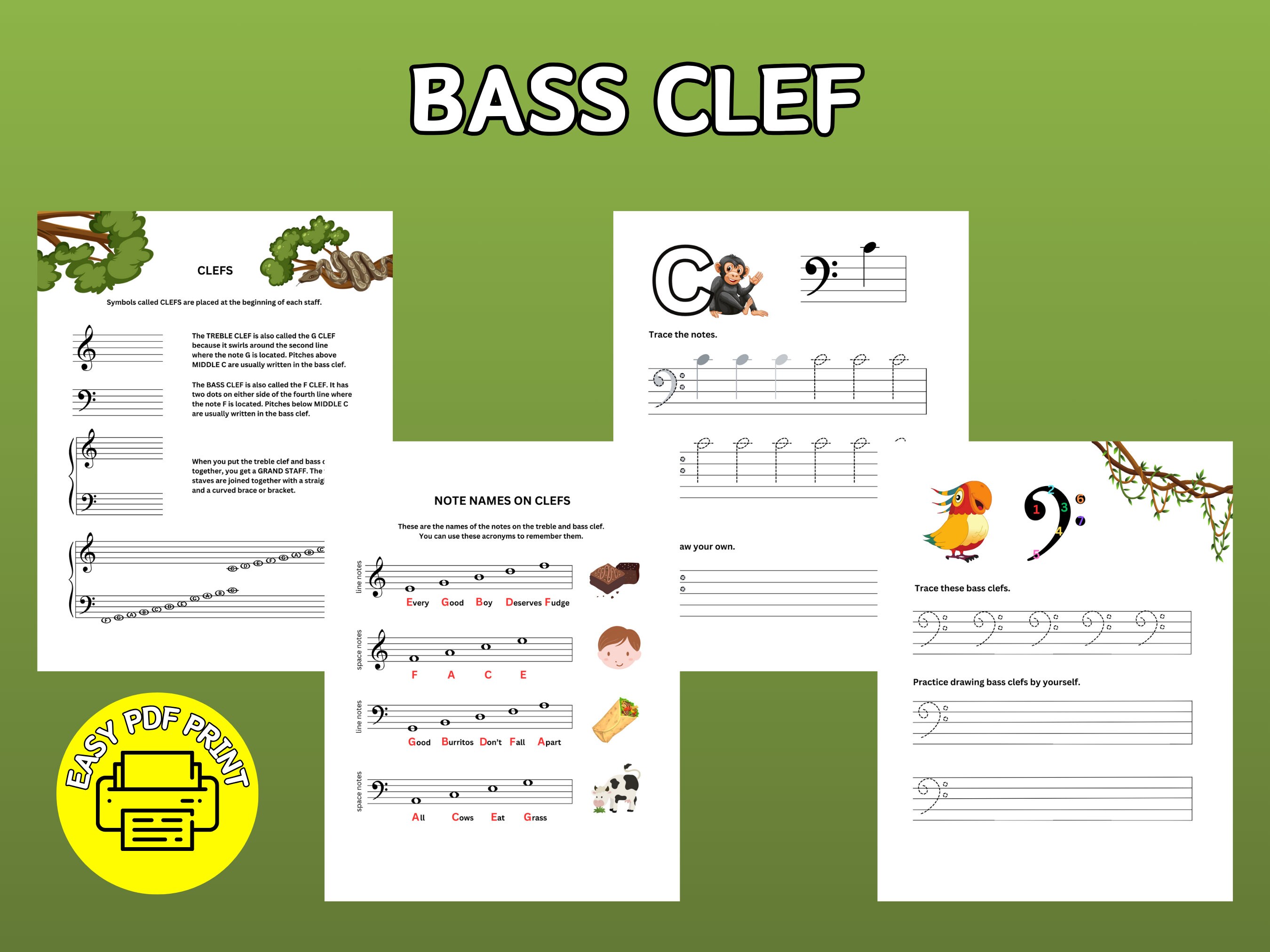 Bass Clef & Grand Staff - PDF Printable - Music Theory Sheet - Music ...
