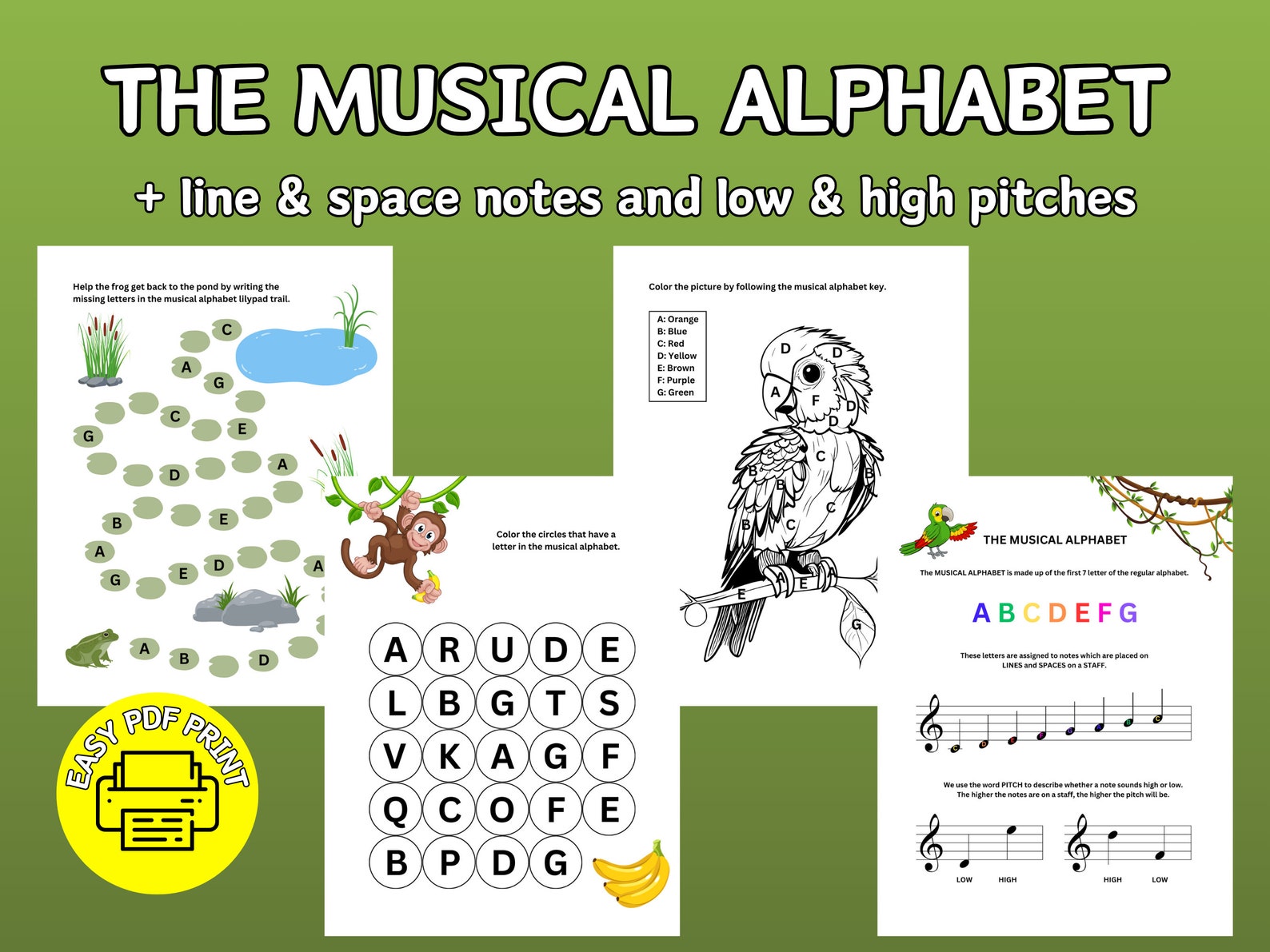 Musical Alphabet, Line/space Notes, High/low Pitches - PDF Printable ...