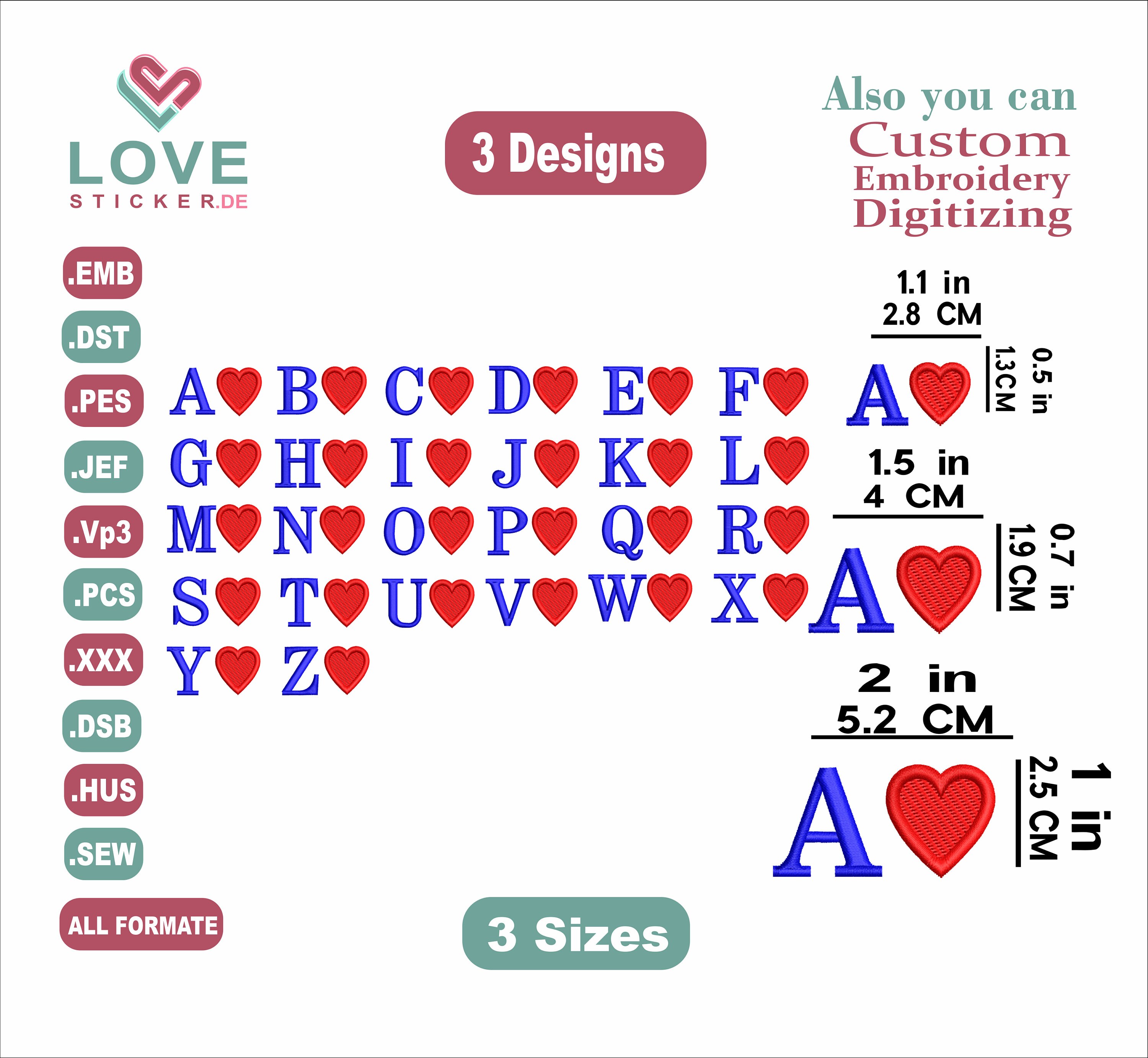 Alphabet and Heart /letters Heart /A to Z Embroidery Designs/3 Sizes-1. ...