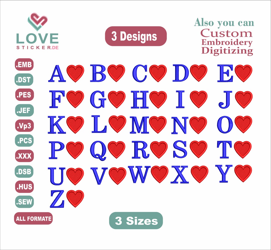 Alphabet and Heart /letters Heart /A to Z Embroidery Designs/3 Sizes-1. ...