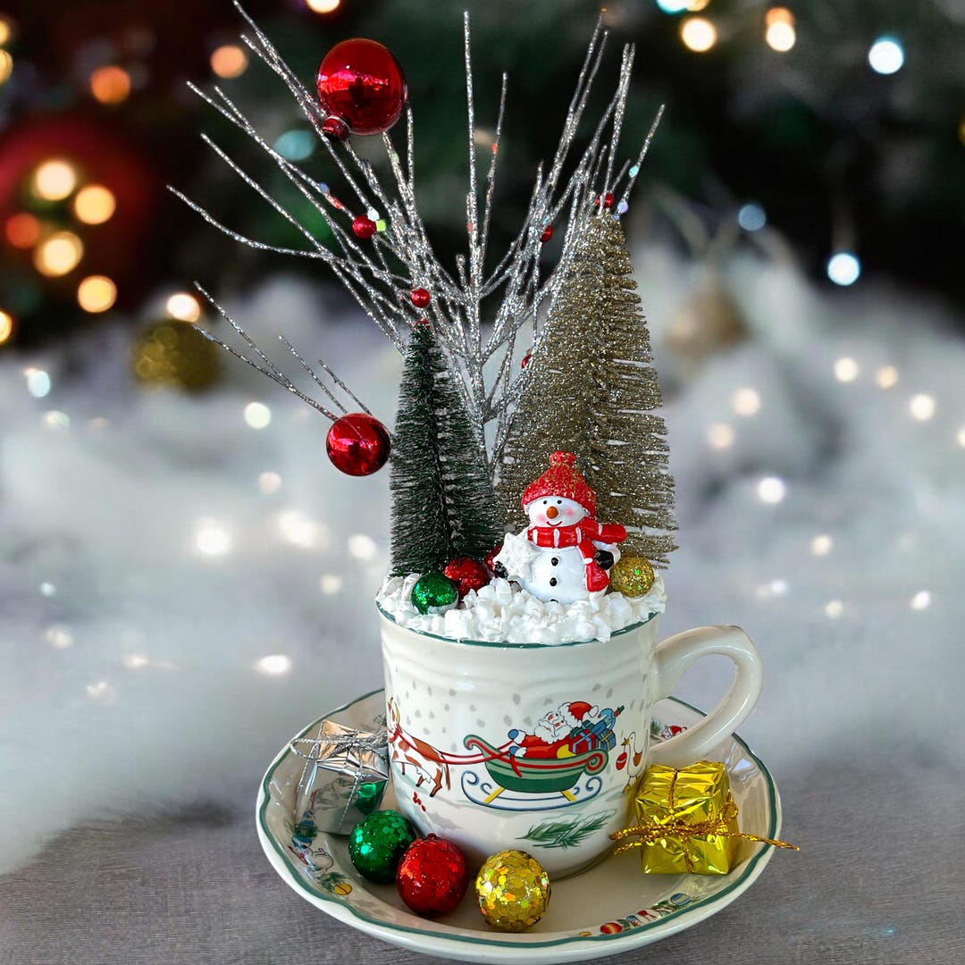 Christmas Home Decor Holiday Scene in Cup and Saucer Hand Crafted OOAK ...