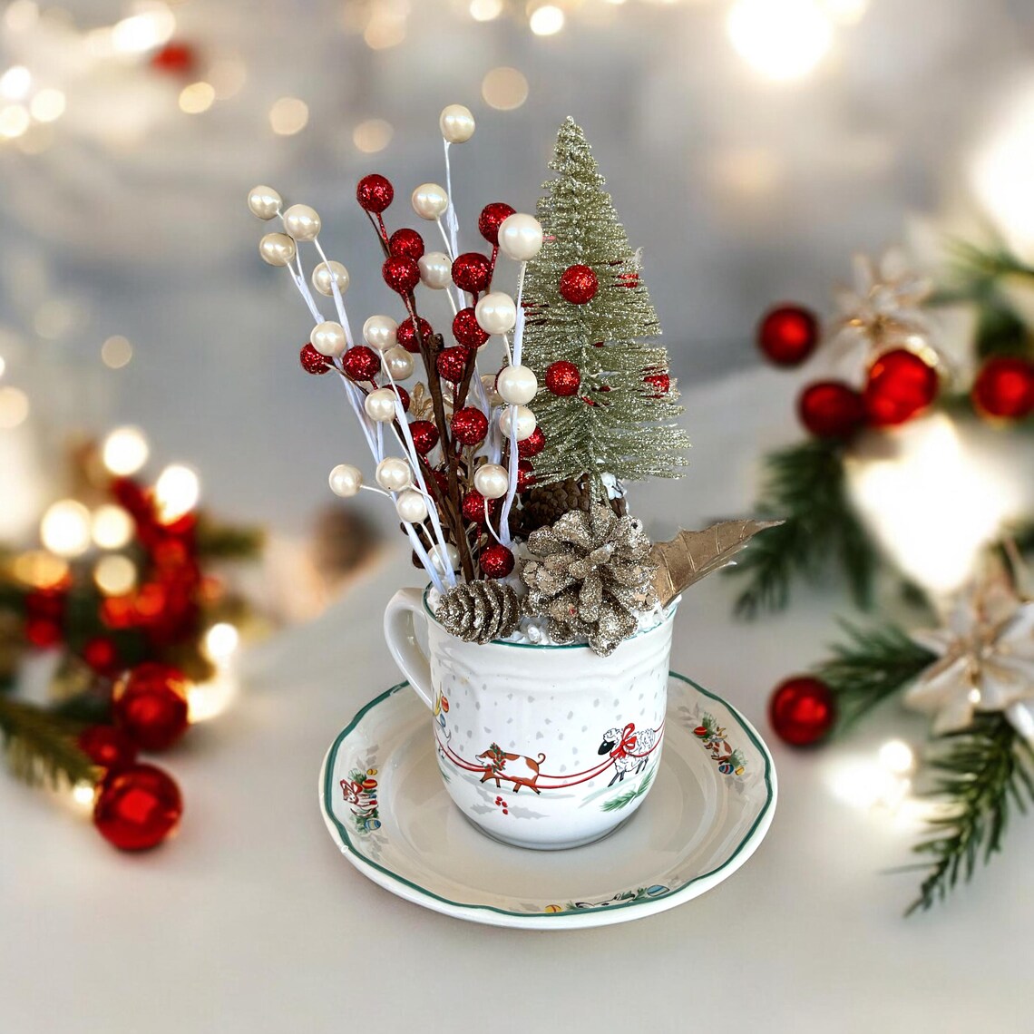 Christmas Decoration Cup and Saucer Diorama Holiday Centerpiece or Gift ...