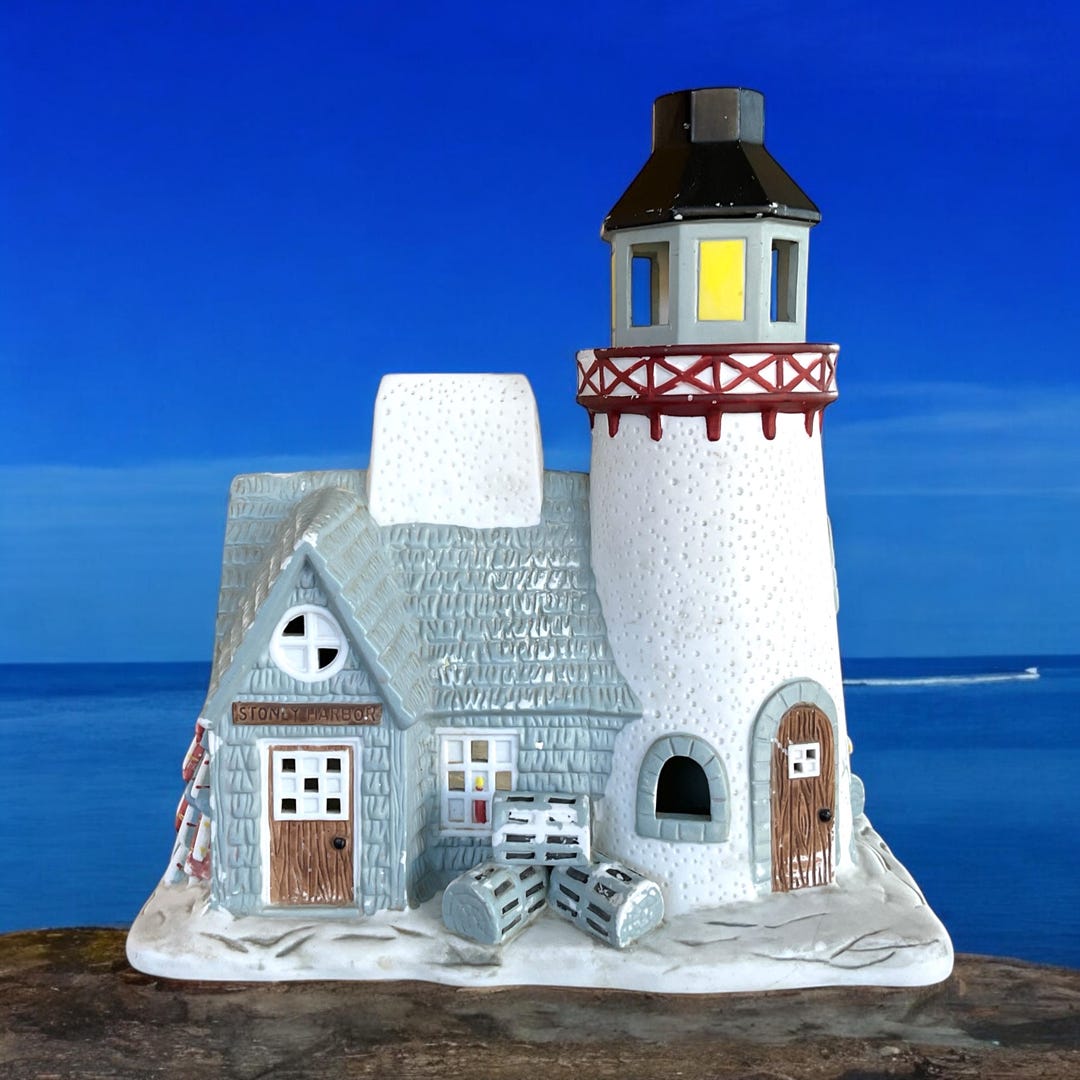 Partylite Ceramic Cottage Style Lighthouse Tealight Candle Holder 9" X ...