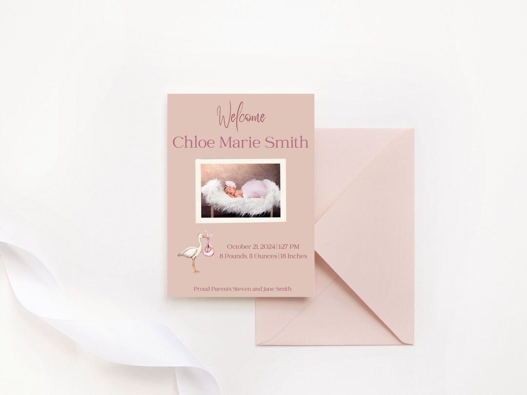 Baby Girl Photo Birth Announcement | Photo Birth Announcement Stork ...