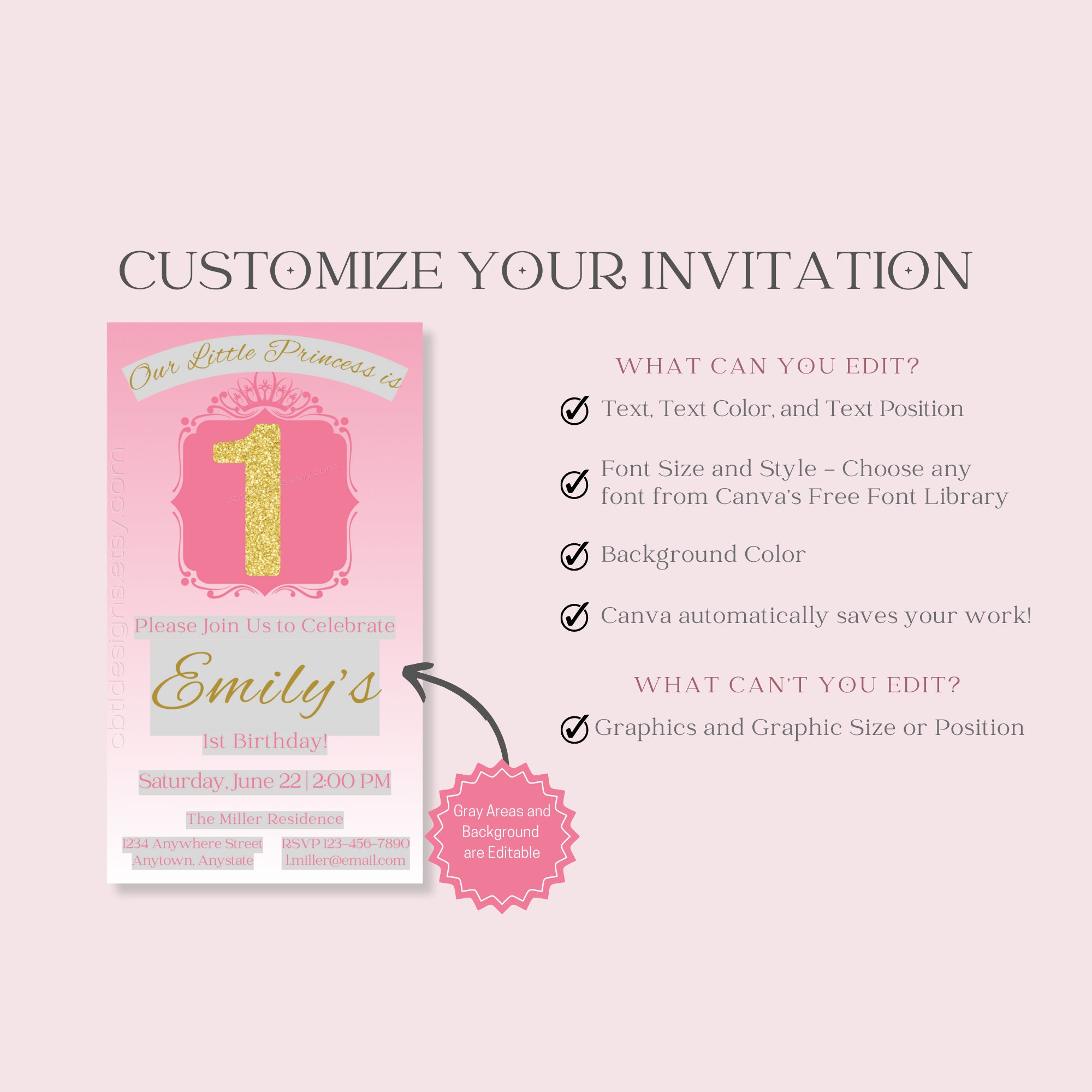 Princess 1st Birthday Party Invite Birthday Party Phone Invite Birthday ...