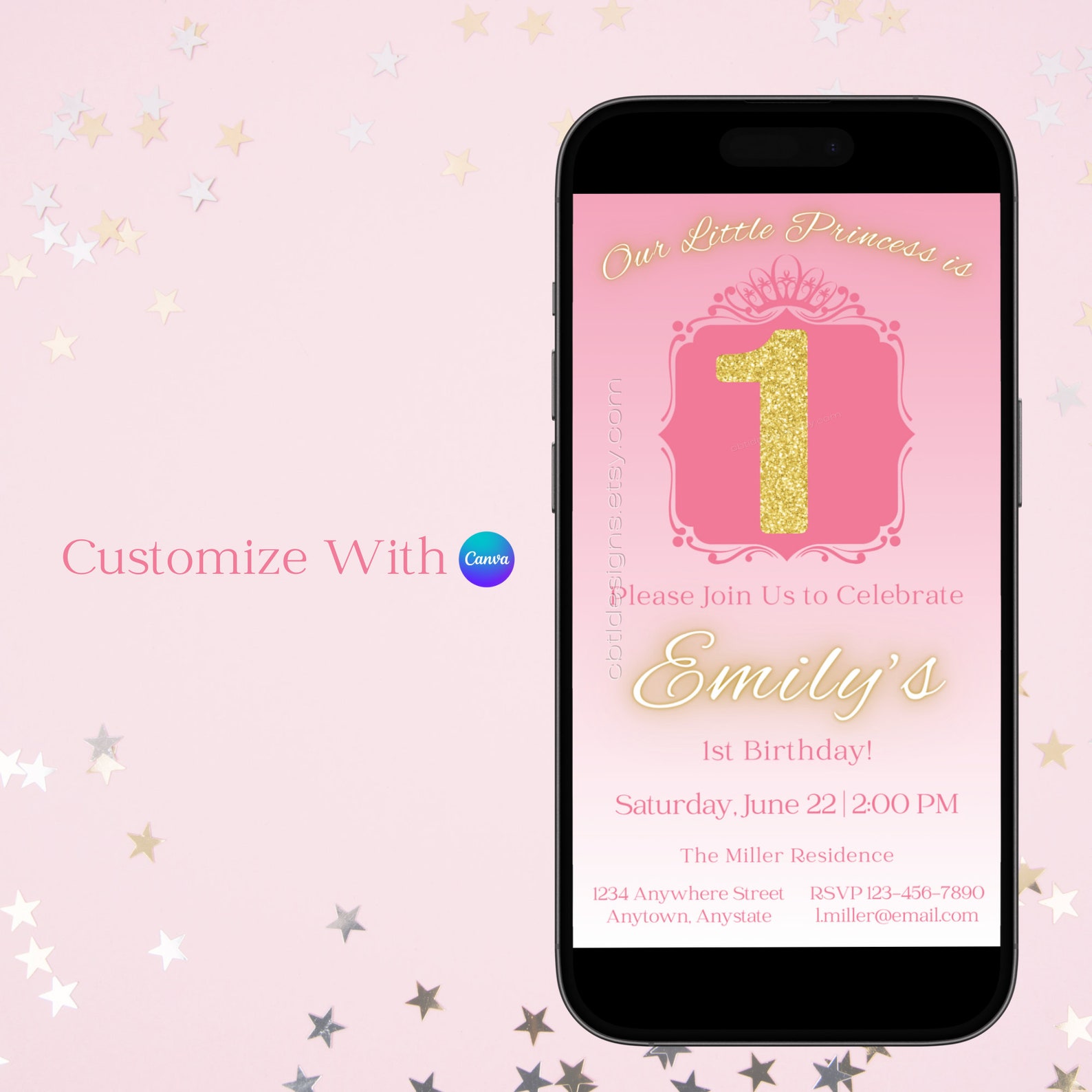 Princess 1st Birthday Party Invite | Birthday Party Phone Invite ...