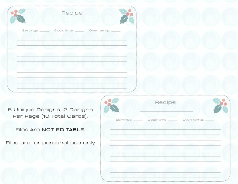 Printable Blank Holiday Recipe Cards - 5 Unique Designs - Etsy