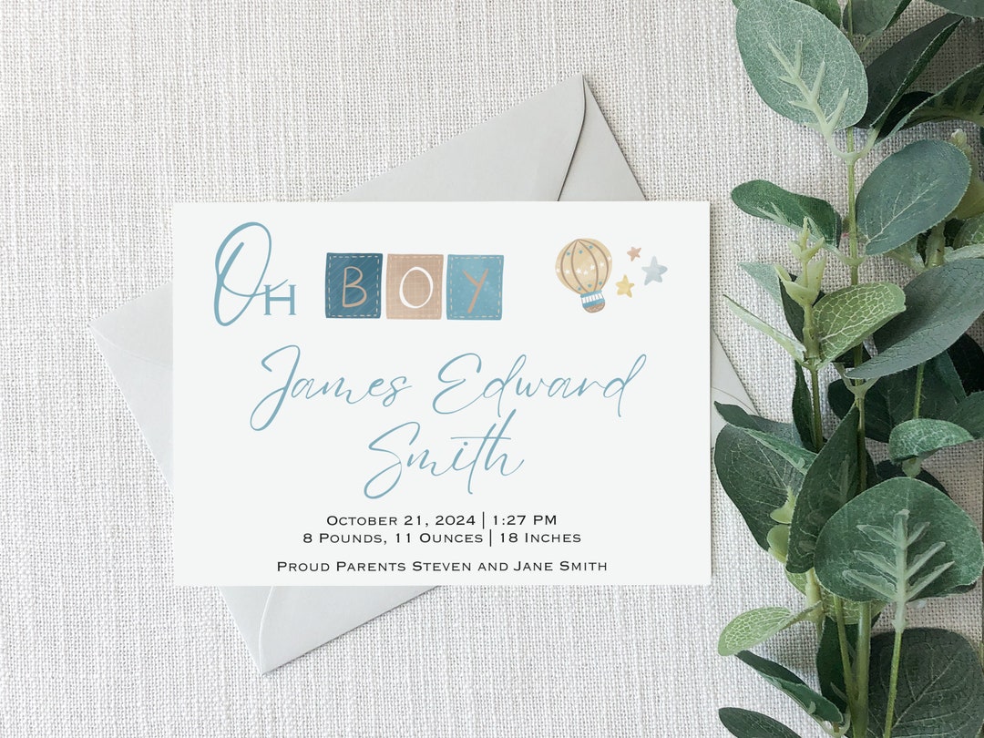 Baby Boy Birth Announcement | Birth Announcement With Hot Air Balloon ...