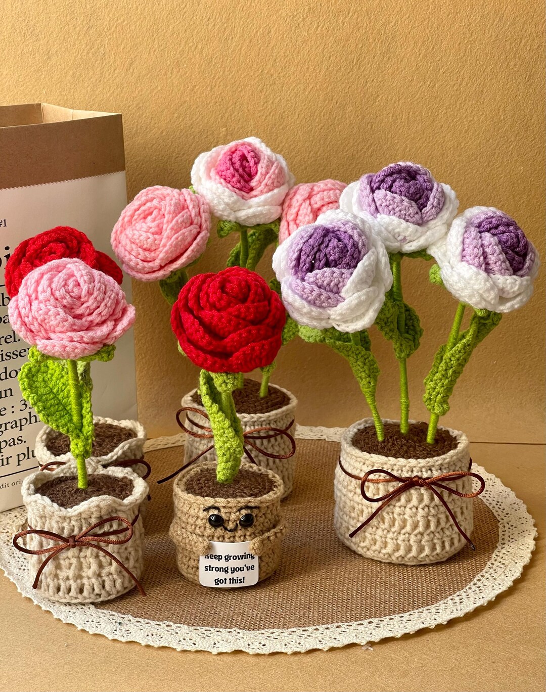 Emotional Support Crochet Rose Bouquet in Pot - Handmade Flower Gift ...