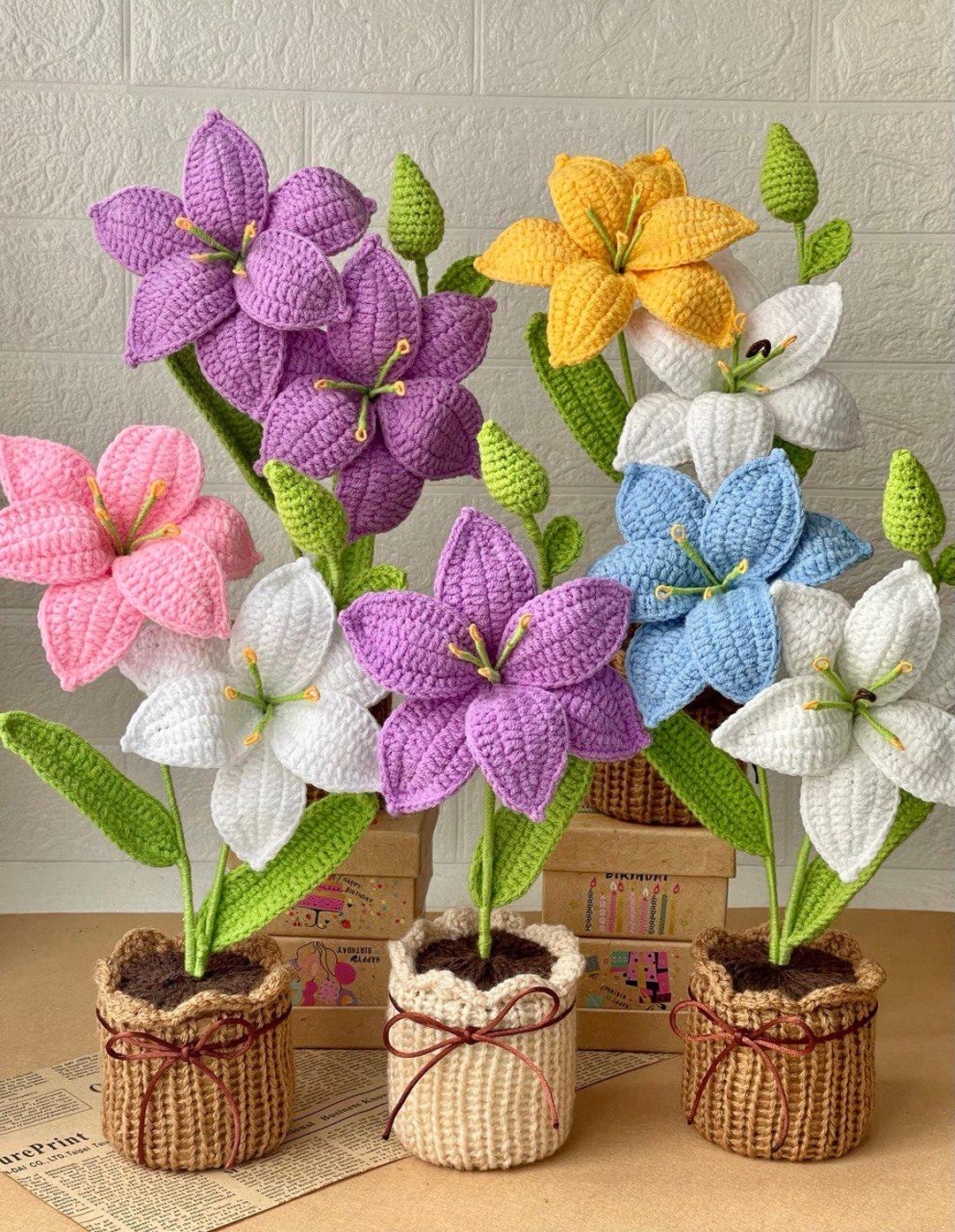 Crochet Flowers Gift Set - Colorful Lily in Pot, Anniversary & Mother's ...
