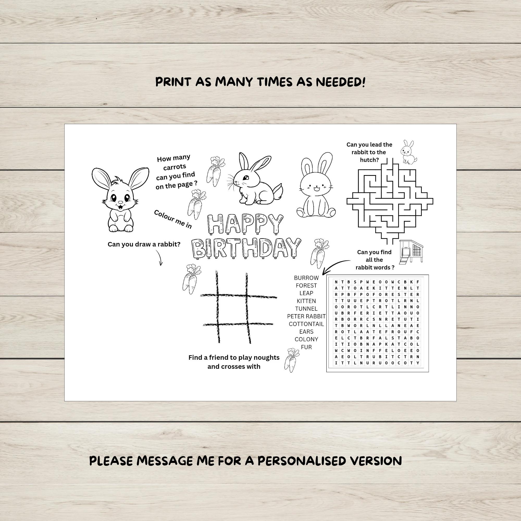 Rabbit Birthday Activity Sheet, Rabbits Coloring Page, Kids Printable ...