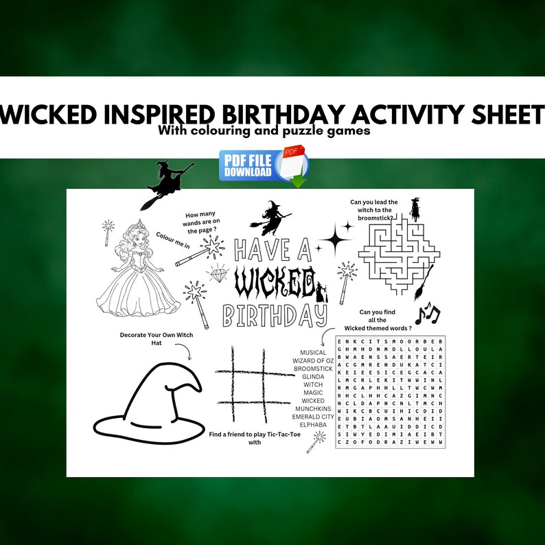 Witches Birthday Party Printable Placemat, Wicked Film Musical Inspired ...
