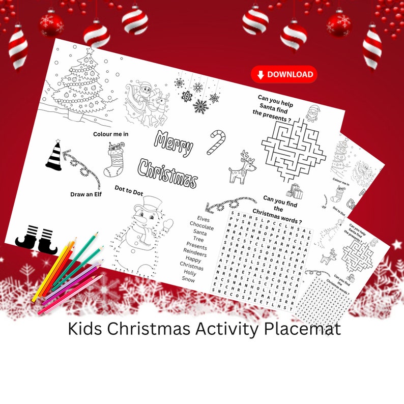 Kids Christmas Activity Placemat ,christmas Colouring Page Printable ...