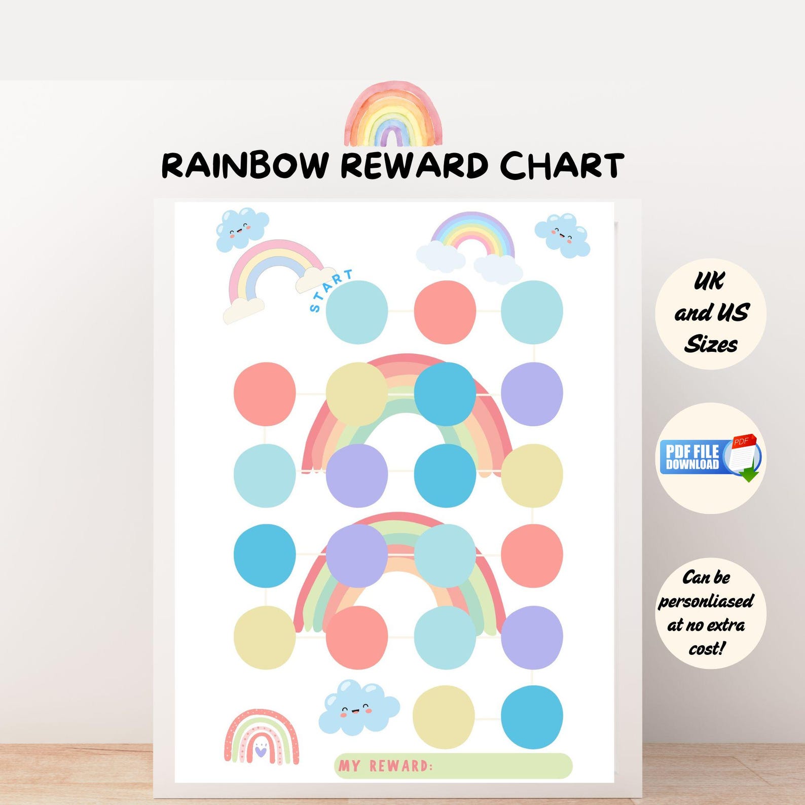 Rainbow Reward Chart Printable for Kids, Rainbows Potty Training Chart ...