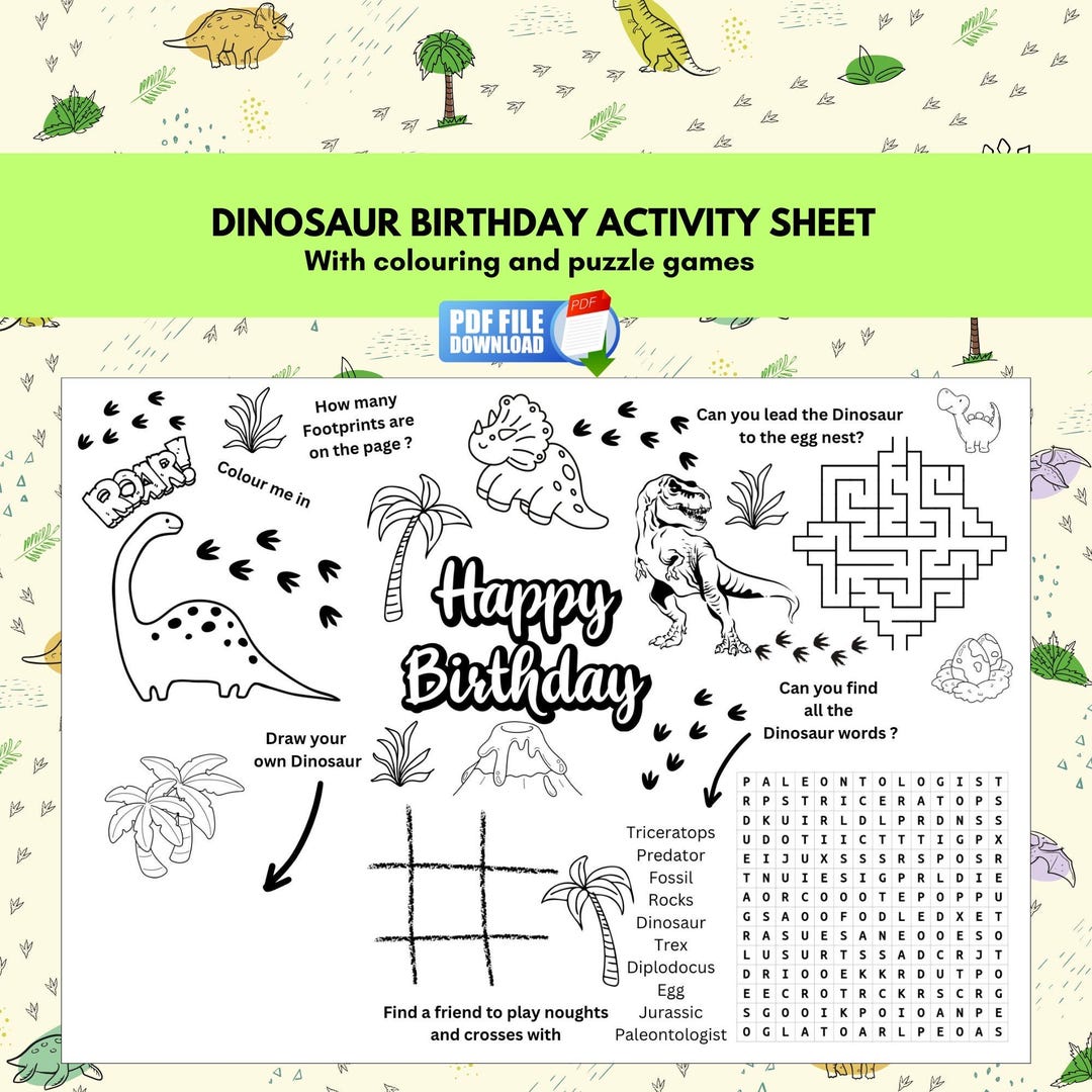 Dinosaur Birthday Party Activity Sheet, Dinosaur Colouring Page, Dino ...