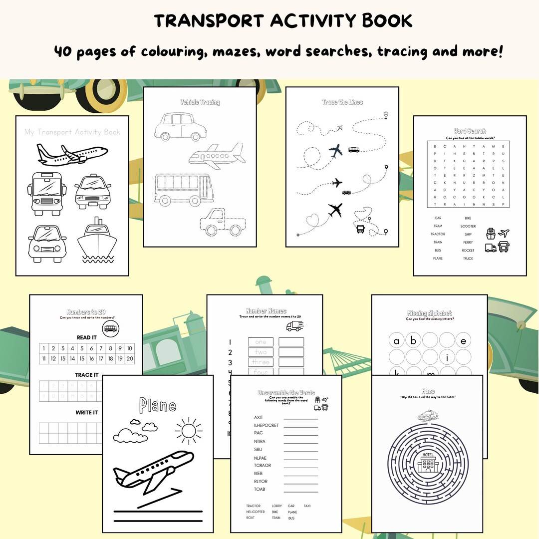 Transport Activity and Coloring Book, Vehicle Activity Coloring Pages ...