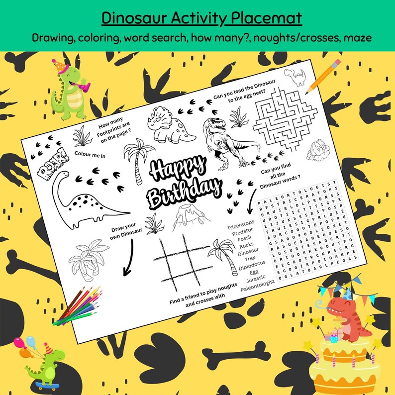 Dinosaur Birthday Activity Placemat Printable, Kids Party Games, Coloring, Maze & Word Search ...