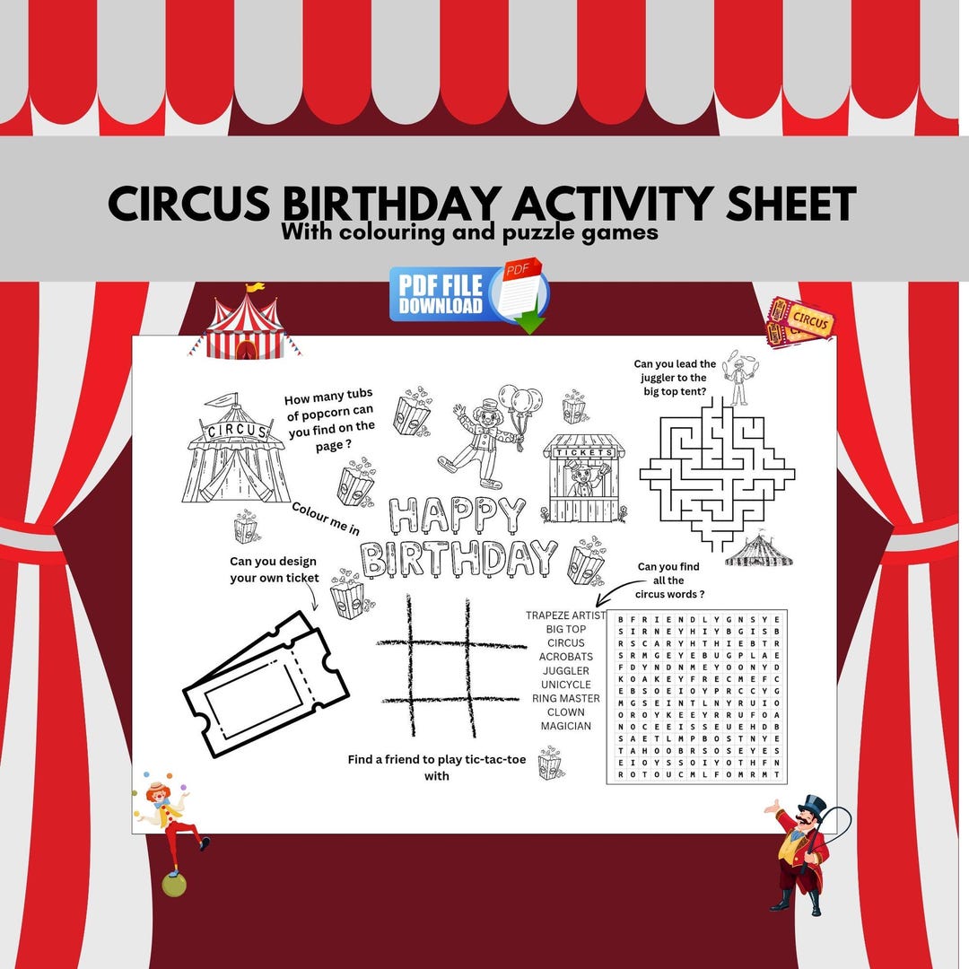 Circus Birthday Activity Printable Placemat, Carnival Coloring Sheet ...